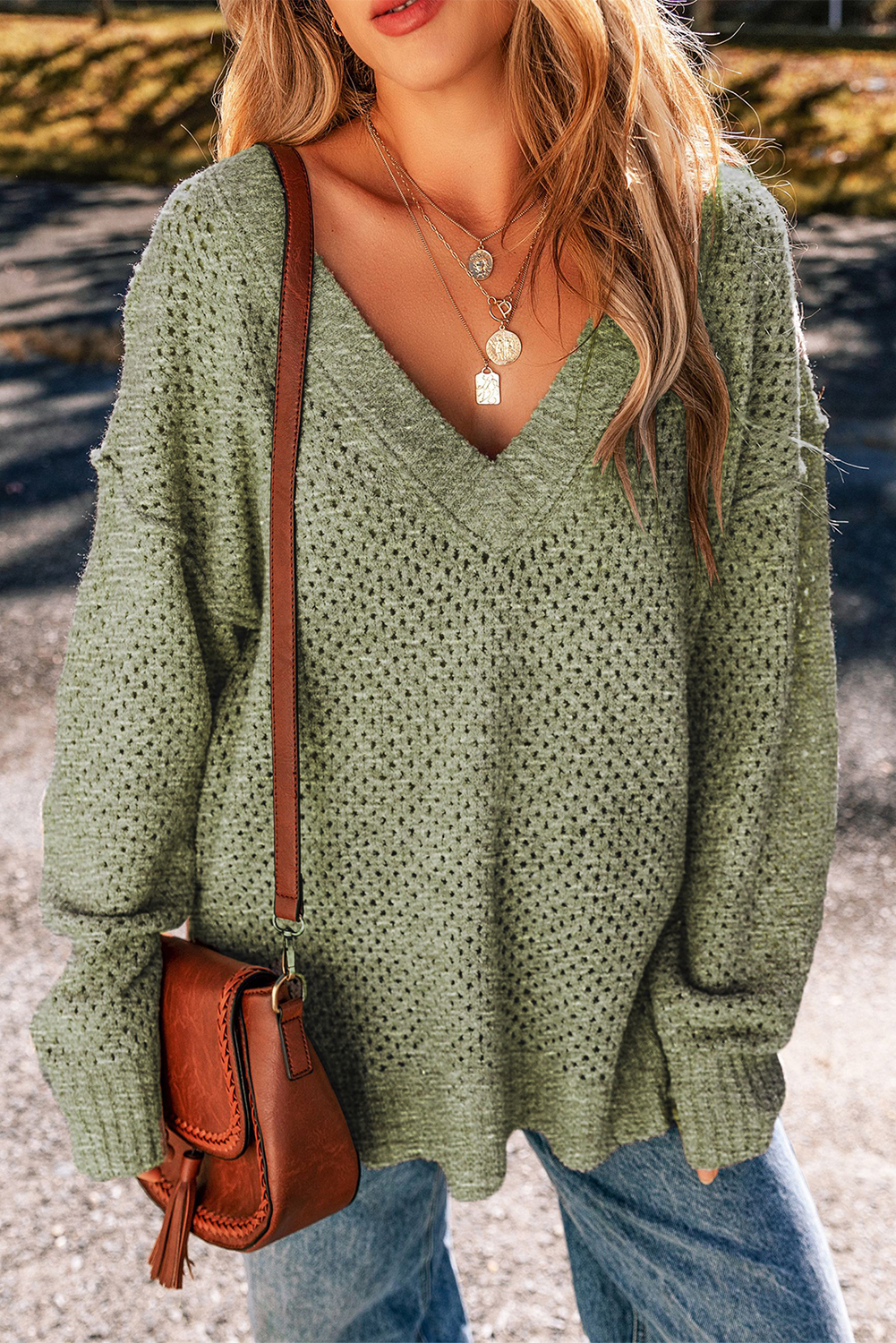 $ 18.15 - Jungle Green Loose Eyelet V Neck Drop Shoulder Sweater - ds ...
