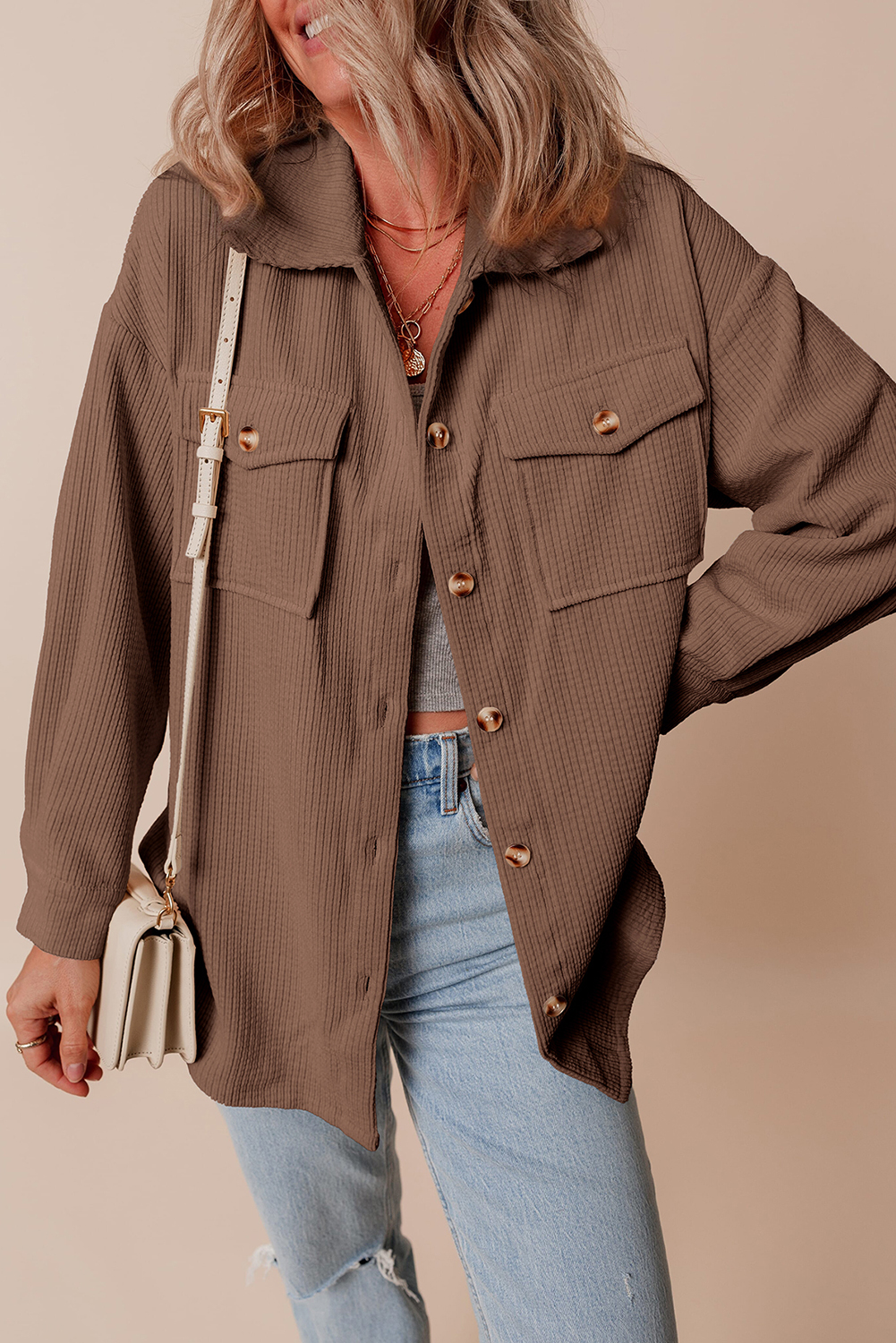 $ 18.6 - Chestnut Corduroy Flap Pocket Button Up Shacket - ds.dear ...