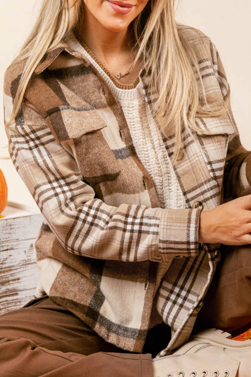 $ 16.73 - Light French Beige Flannel Plaid Double Flap Pocket Shacket ...