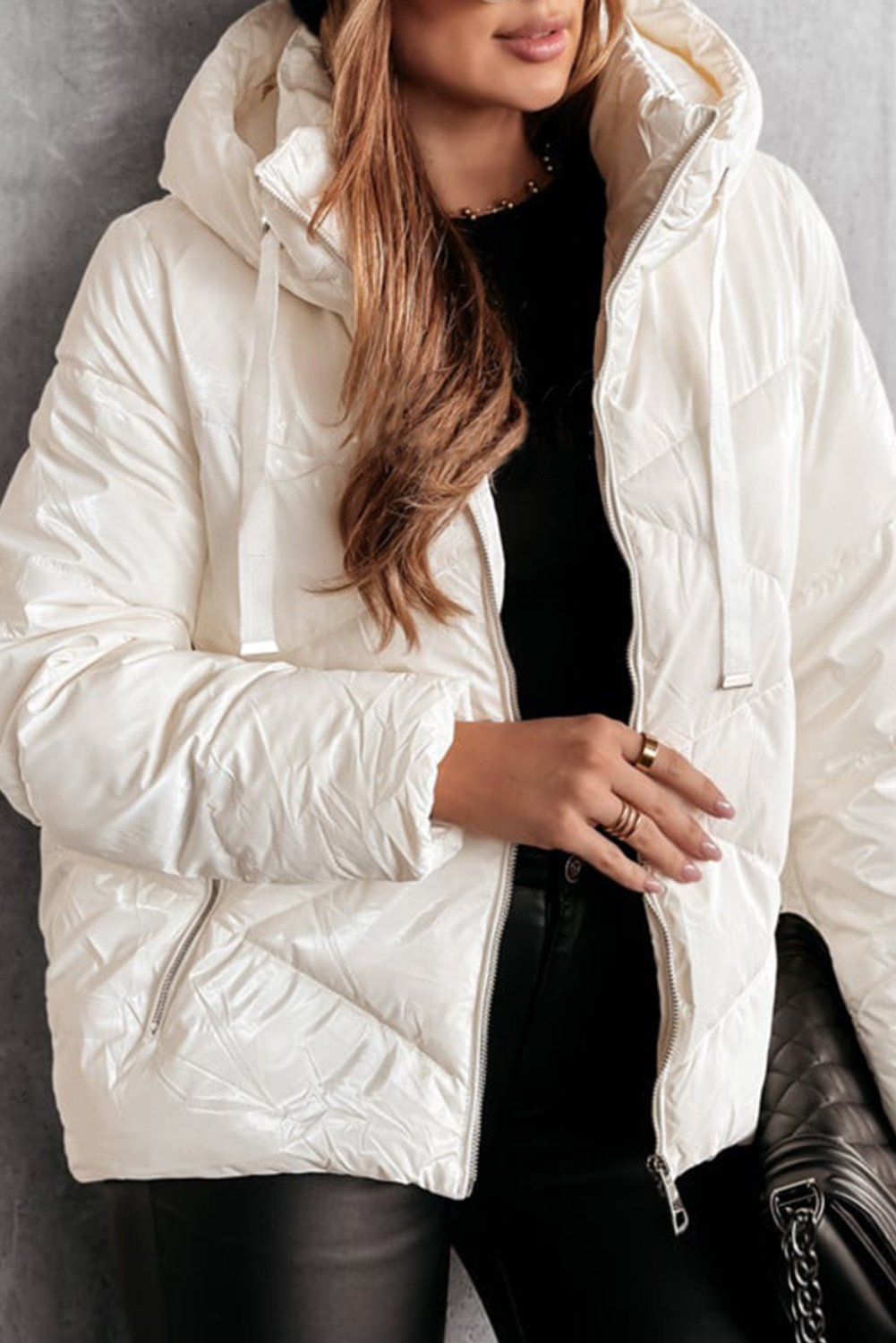 $ 35.34 - White Solid Quilted Hooded Zip Up Puffer Coat - ds.dear-lover.com