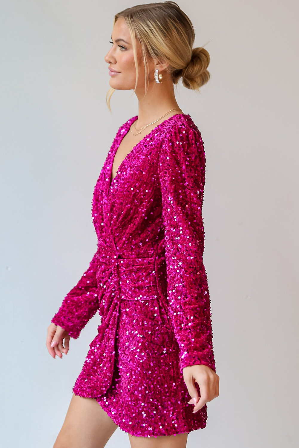 $ 25.28 - Pitaya Pink Velvet Sequin Long Sleeve V Neck Wrapped Mini ...