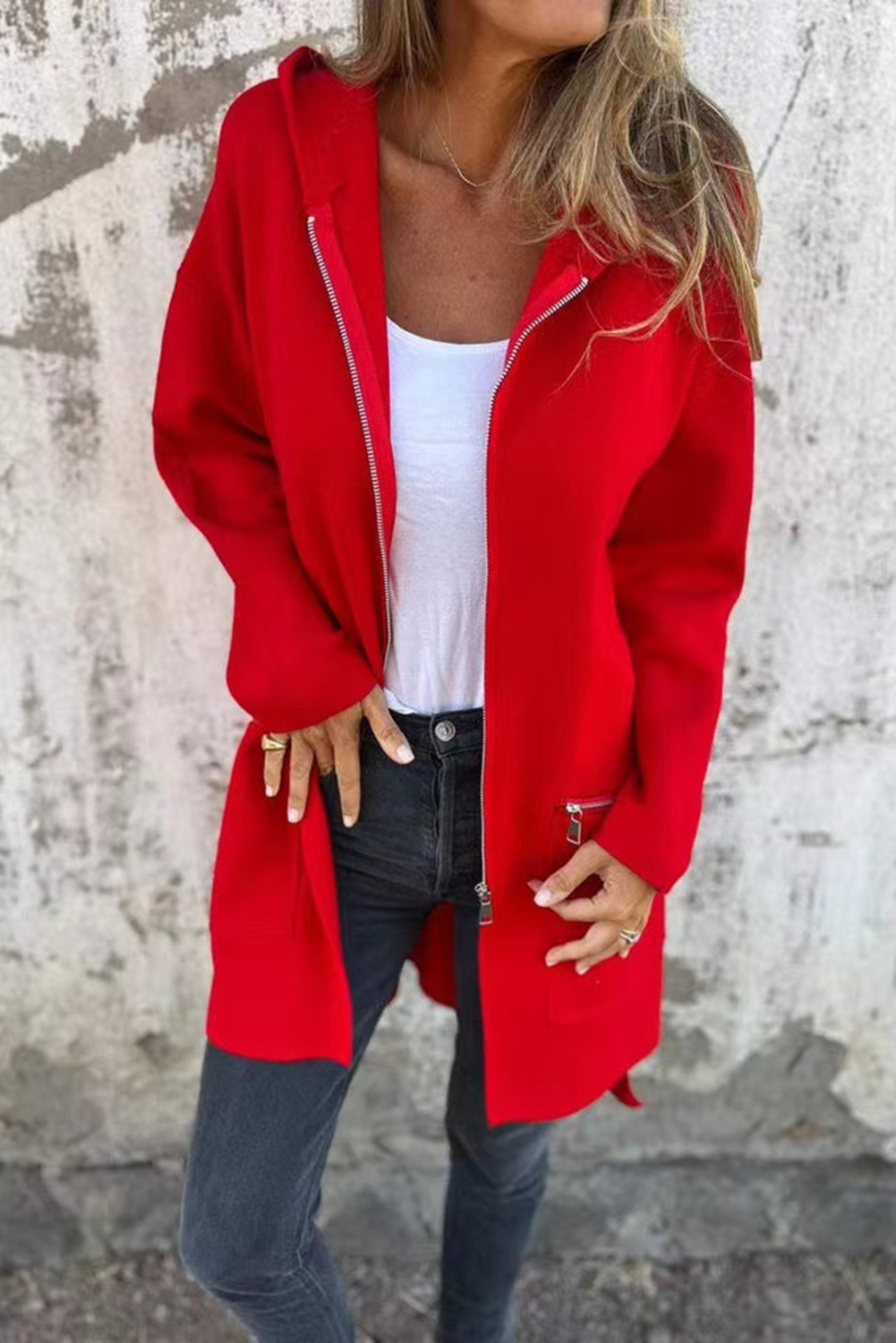 $ 16.5 - Fiery Red Solid Color Casual Zip up Hooded Coat - ds.dear ...