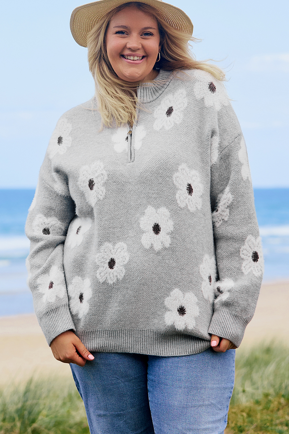 $ 19.58 - Gray Plus Size Embroidered Floral Pattern Half Zip Sweater ...