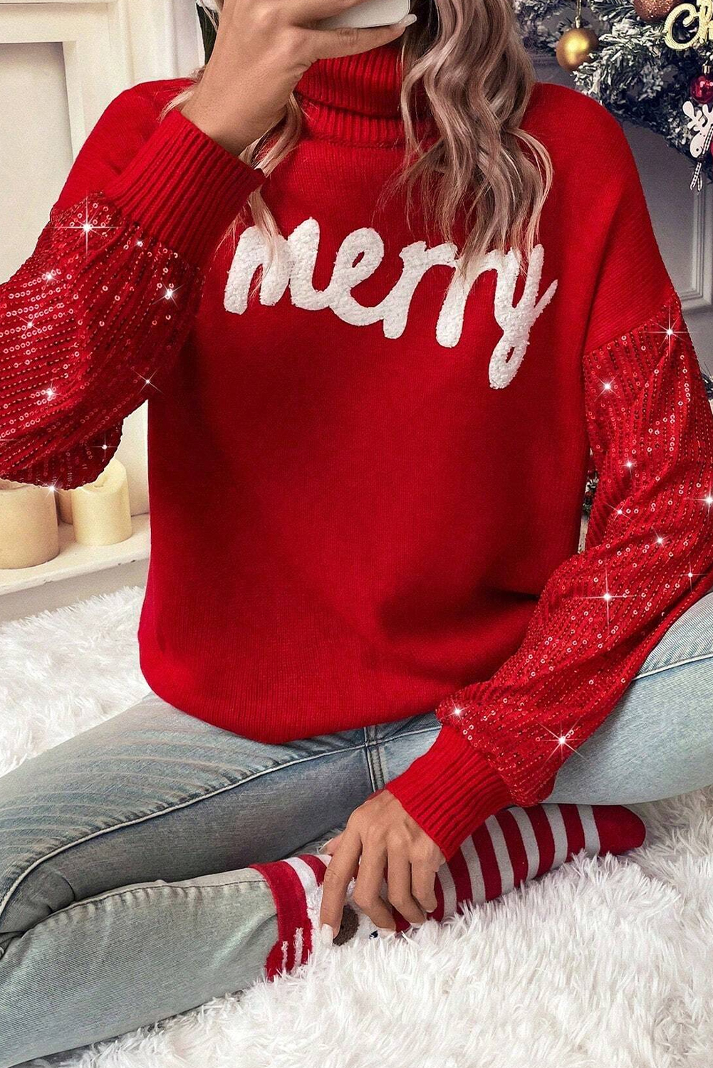 $ 16.65 - Racing Red Merry Graphic Sequin Sleeves Christmas Turtleneck ...