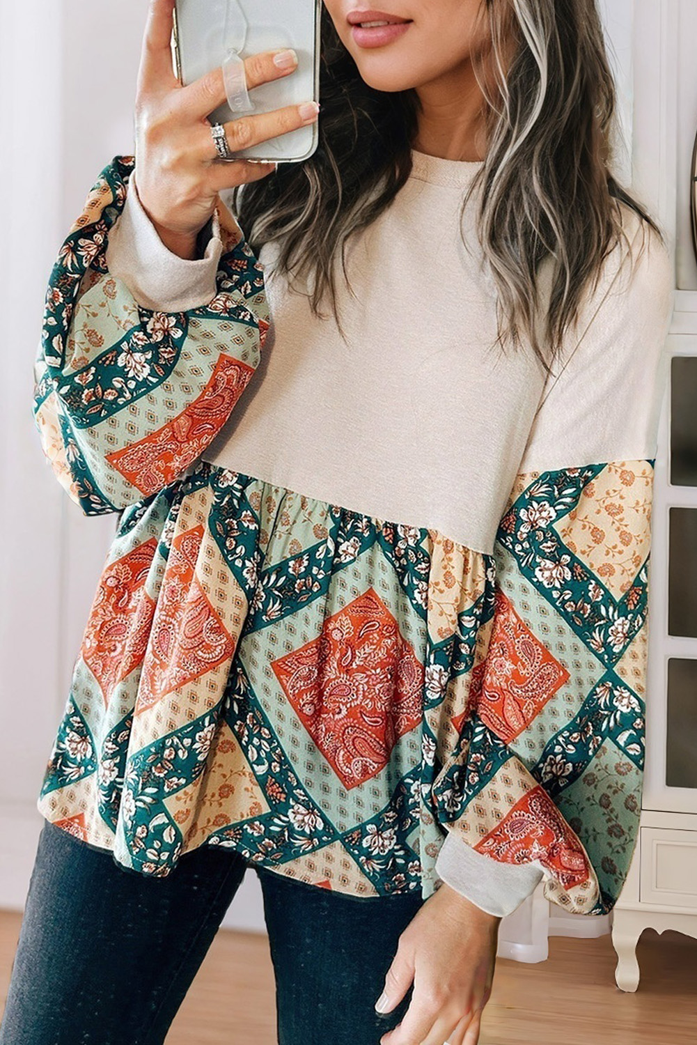 $ 10.28 - Jet Stream Paisley Geometric Patchwork Crew Neck Loose Fit ...
