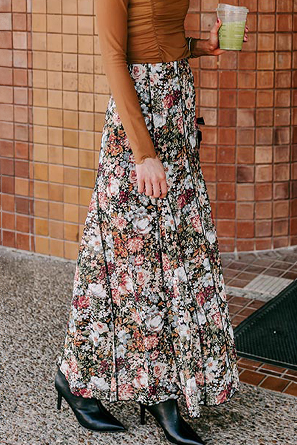 $ 10.58 - Brown Floral Print High Waist Maxi Skirt - ds.dear-lover.com