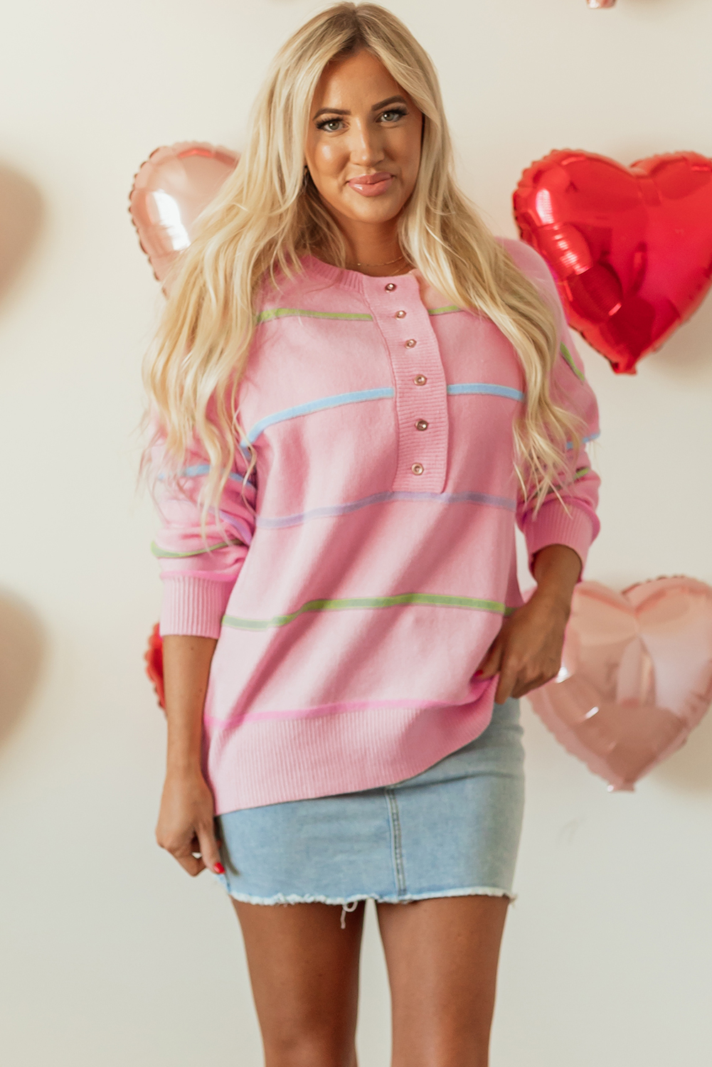 $ 14.78 - Pink Rainbow Stripes Drop Shoulder Baggy Henley Sweater - ds ...