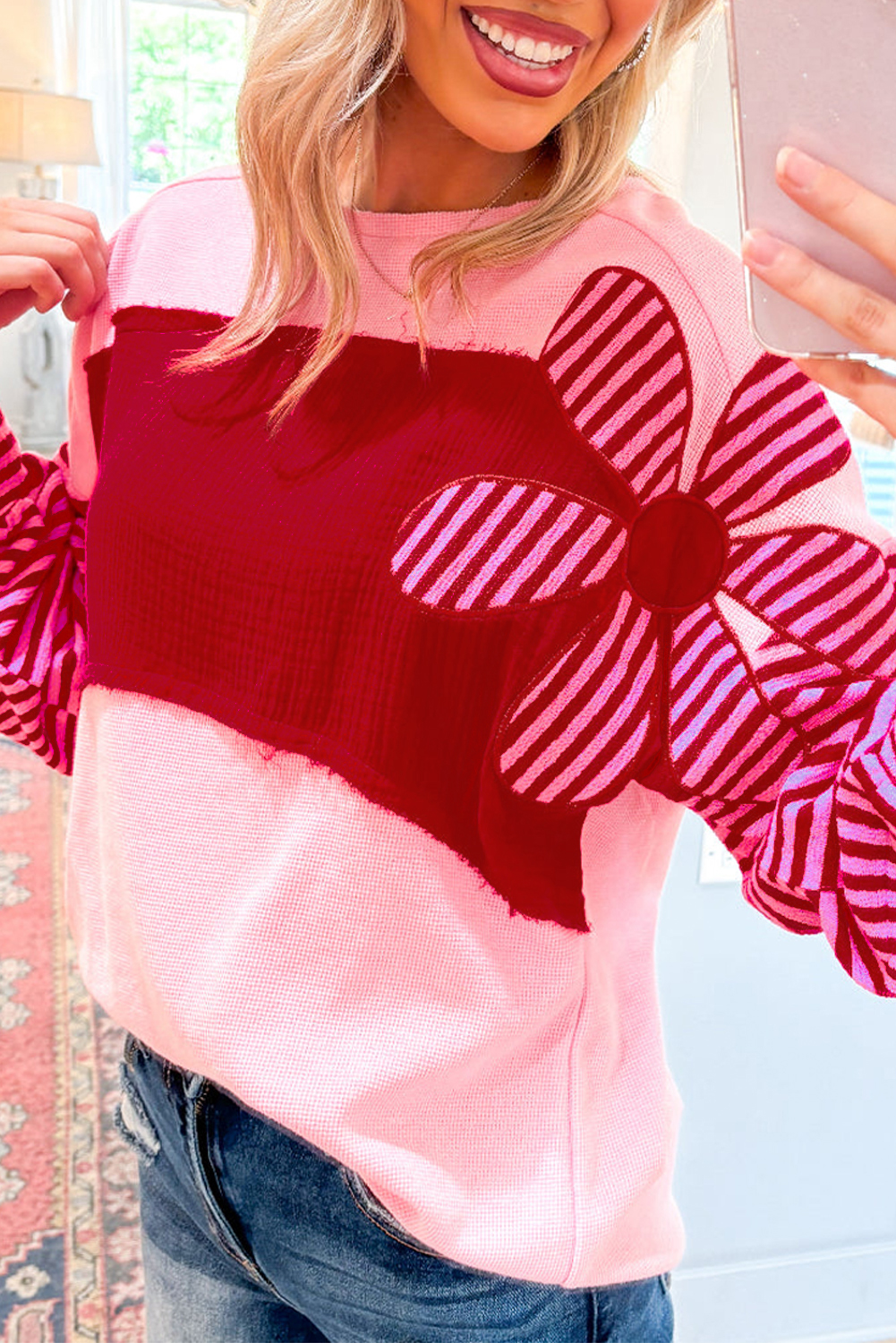 $ 14.55 - Pink Floral Patch Color Block Striped Sleeve Textured Top ...