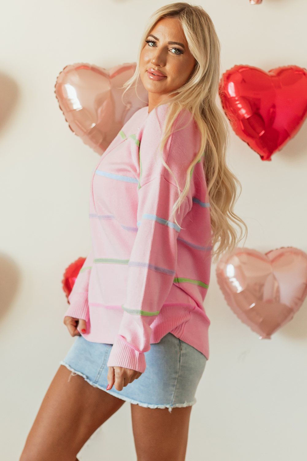 $ 14.78 - Pink Rainbow Stripes Drop Shoulder Baggy Henley Sweater - ds ...