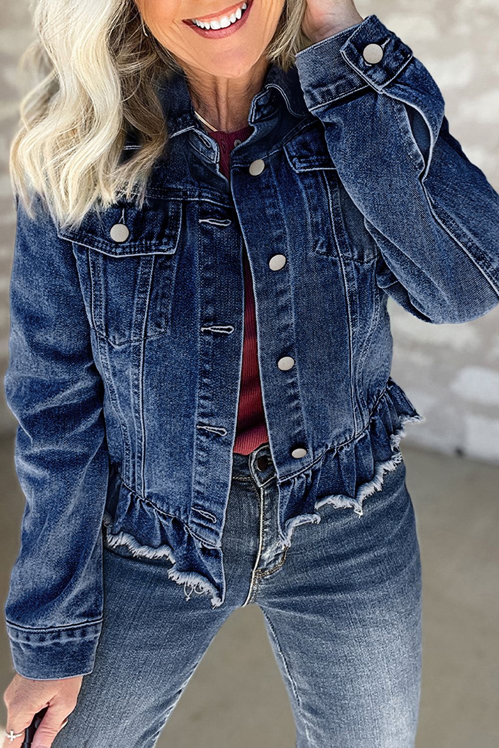 $ 21.38 - Navy Blue Ruffle Raw Hem Flap Pockets Denim Jacket - ds.dear ...