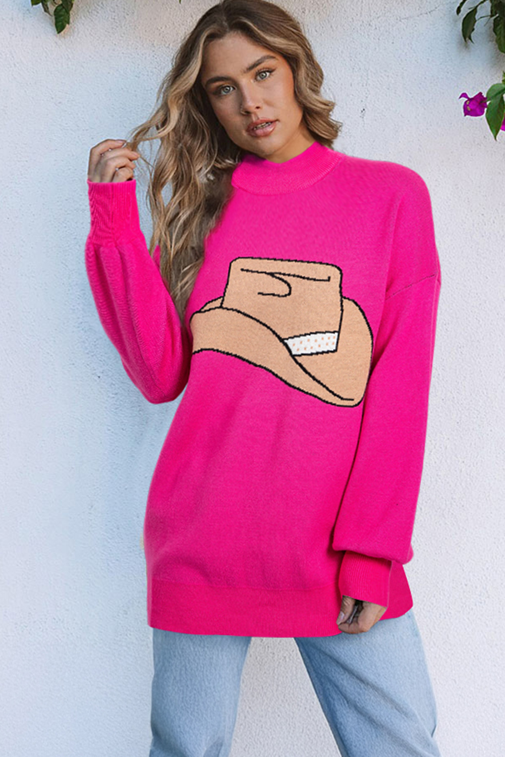 $ 14.03 - Rose Red YEEHAW Cowboy Hat Drop Shoulder Oversized Sweater ...
