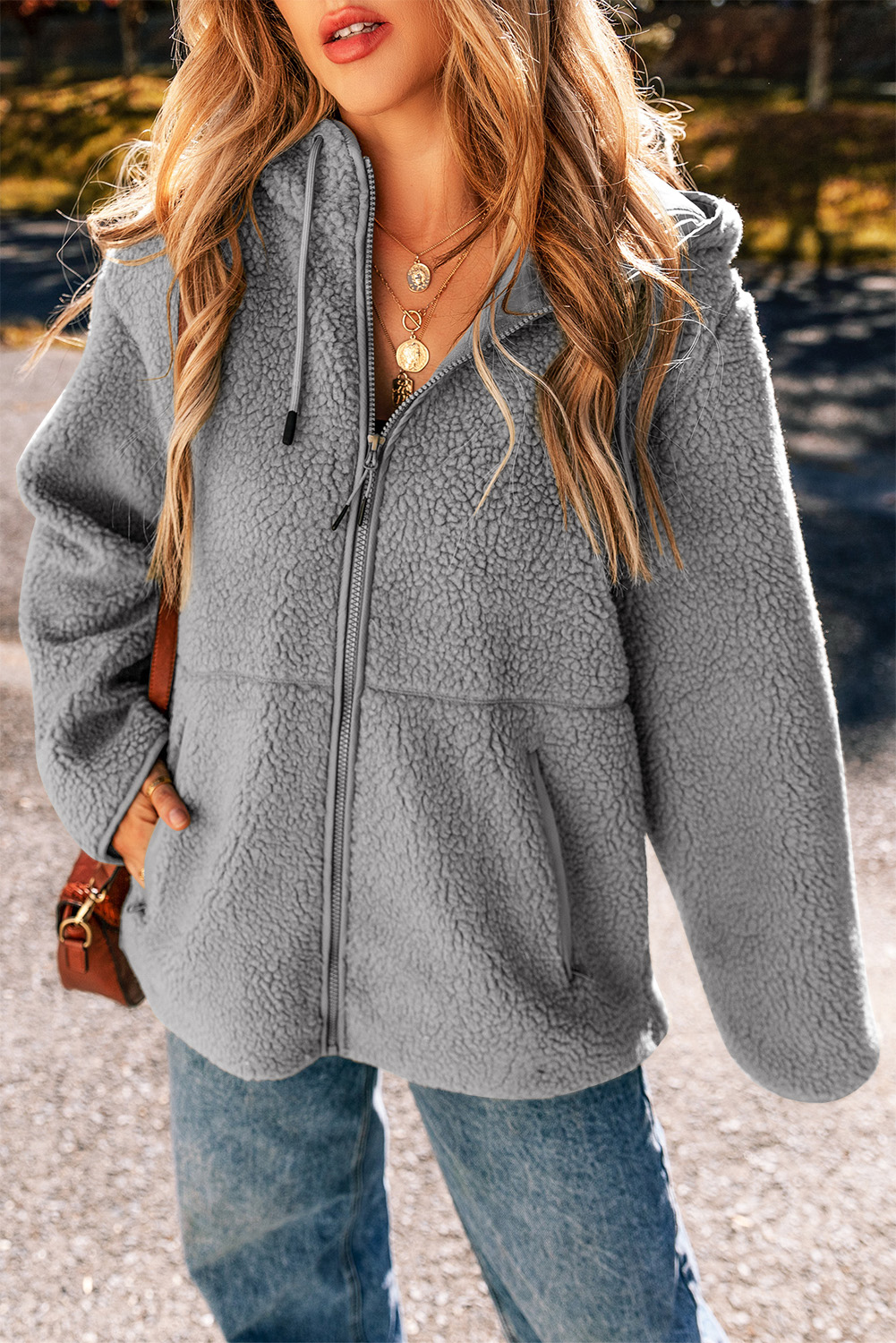 $ 19.38 - Medium Grey Fleece Zip Up Drawstring Hooded Pocketed Jacket ...