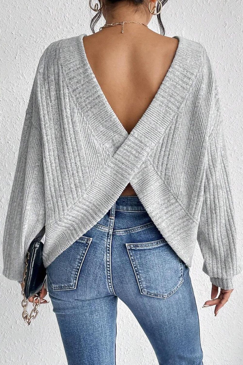 $ 8.4 - Light Grey Textured Crossover Backless Knit Long Sleeve Top ...