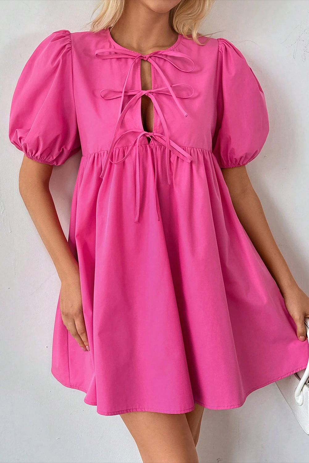 $ 17.63 - Bright Pink Solid Color Puff Sleeve Tie Front High Waist Mini ...