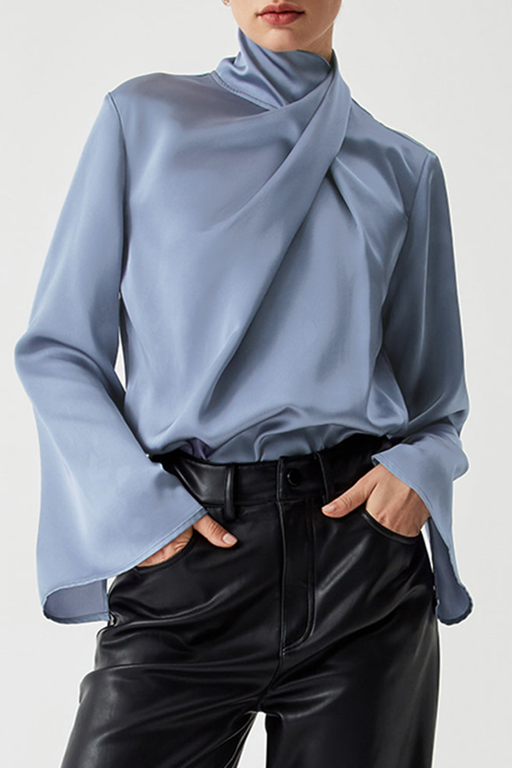 $ 9.83 - Ivy Asymmetric Pleated Turtleneck Bell Sleeve Blouse - ds.dear-lover.com