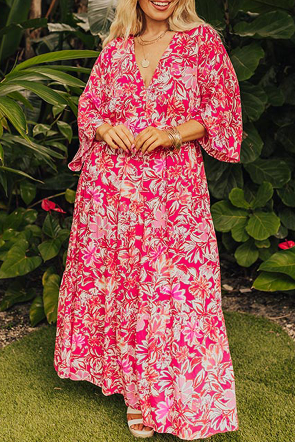$ 20.93 - Rose Plus Size Floral V Neck Wide Sleeve Maxi Dress - ds.dear ...