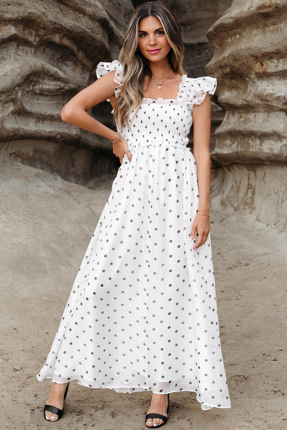 $ 22.43 - White Polka Dot Flutter Sleeve Square Neck Smocked Maxi Dress - ds.dear-lover.com