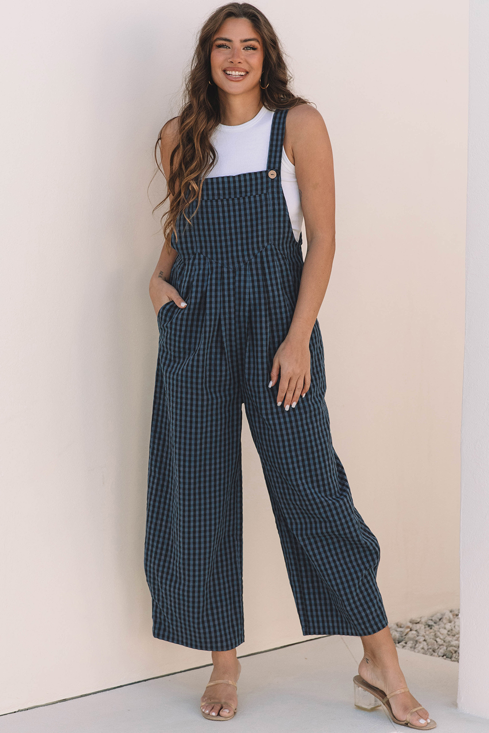 $ 14.93 - Sail Blue Plaid Print Buttoned Pocketed High Waist Overall ...
