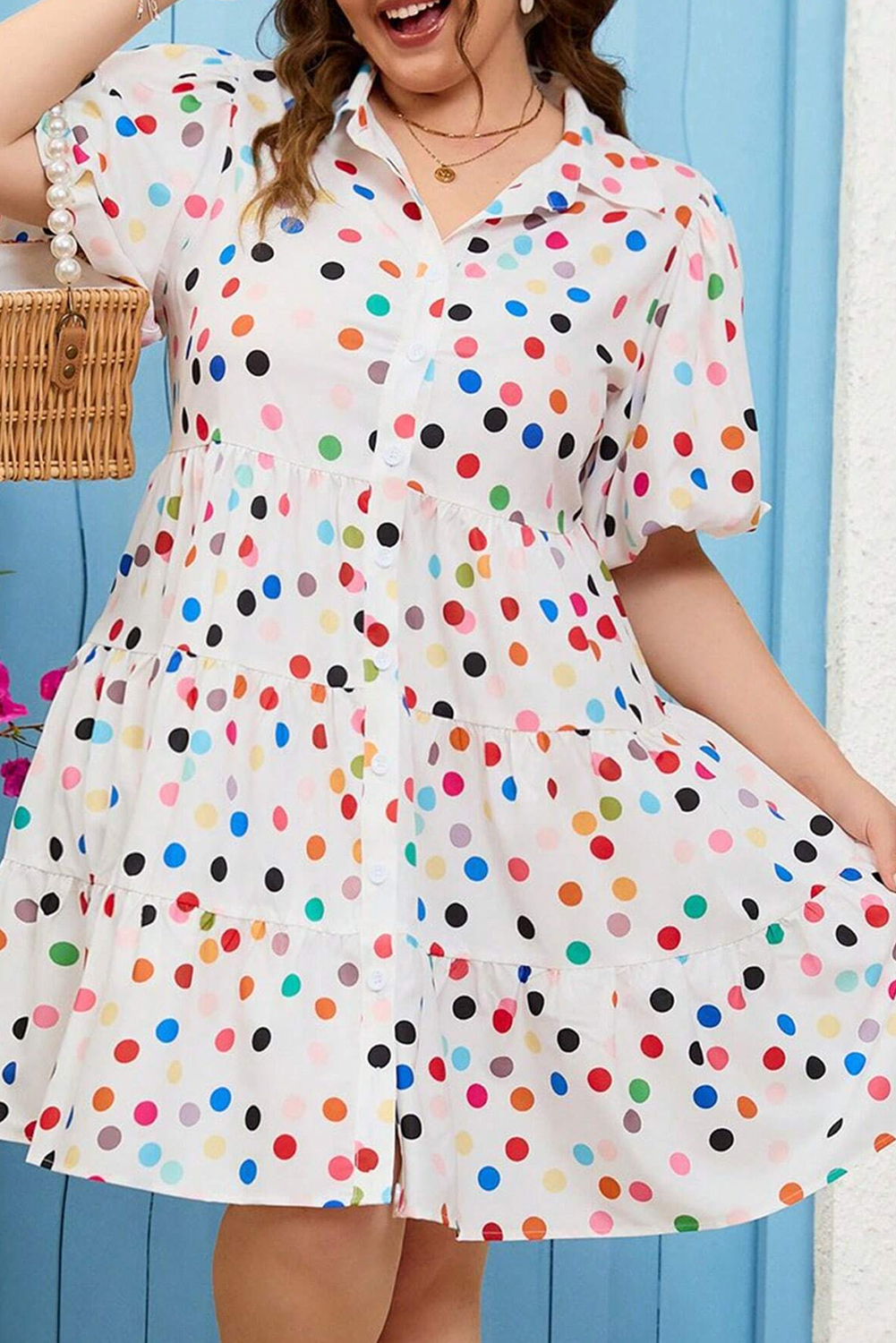 $ 21.6 - White Polka Dot Print Bubble Sleeve Button Up Plus Size Shirt ...