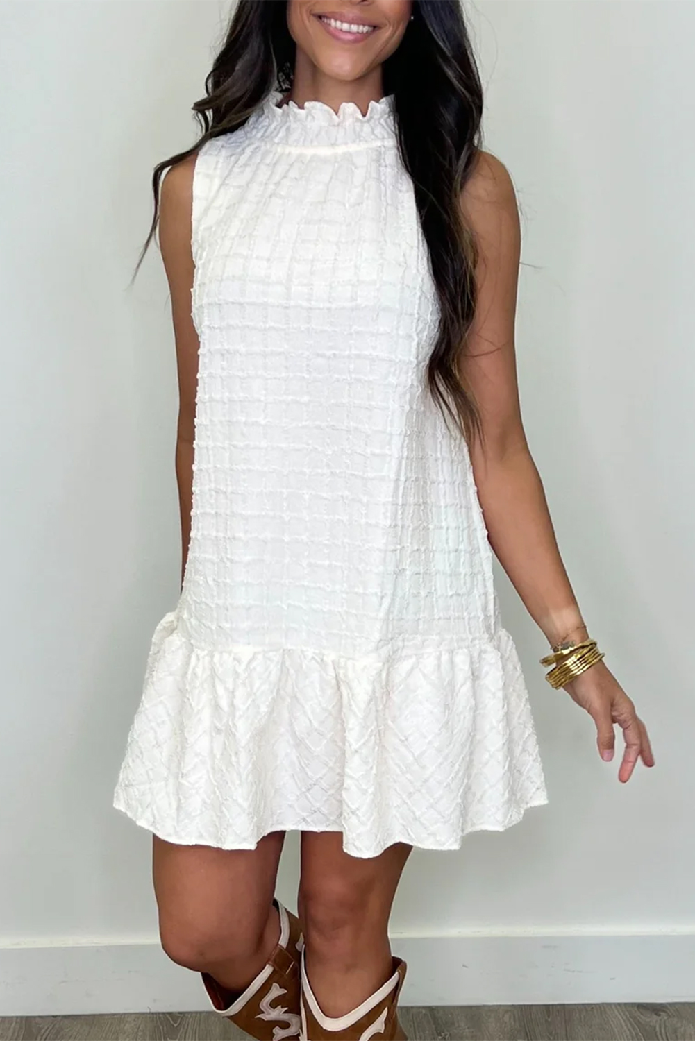 $ 16.14 - White Textured Frilled High Neck Sleeveless Ruffled Mini ...
