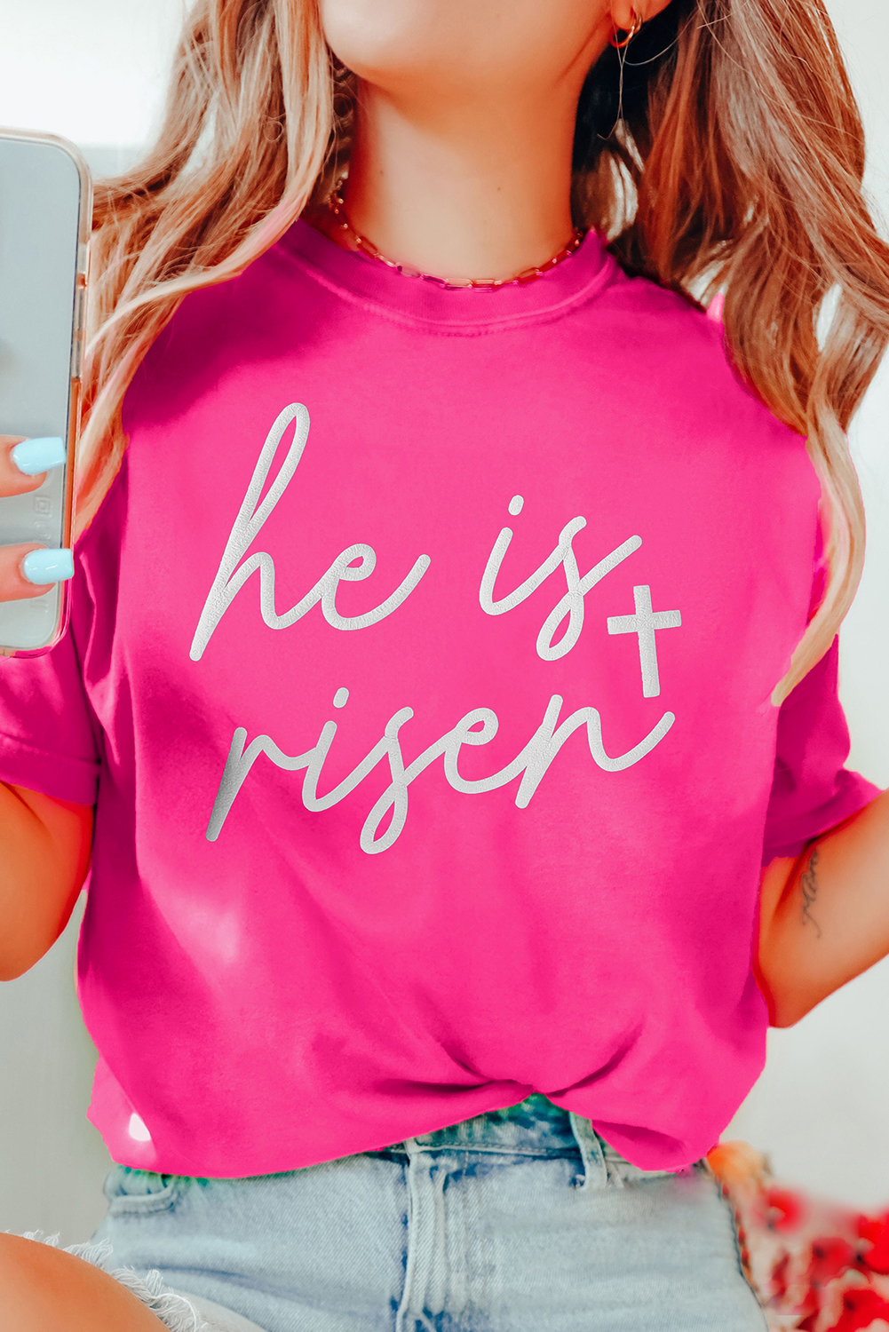 $ 8.93 - Rose Red Glitter he is risen Cross Printed Crewneck Tee - ds ...