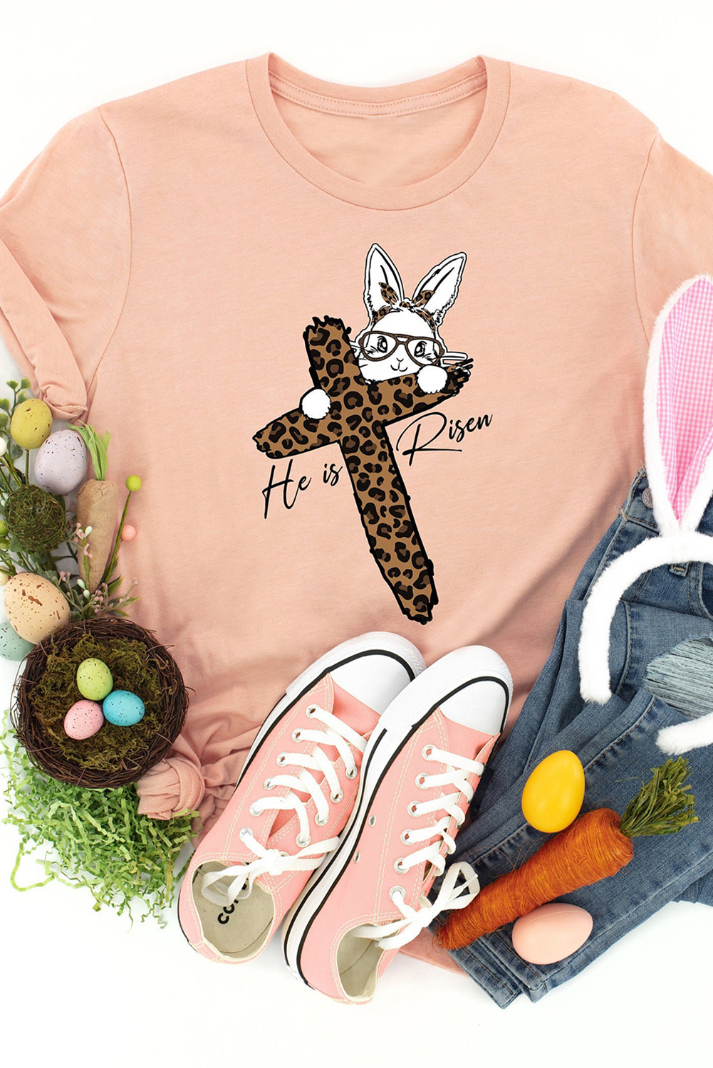 $ 8.7 - Pink He is Risen Easter Bunny Leopard Cross Graphic Tee - ds ...