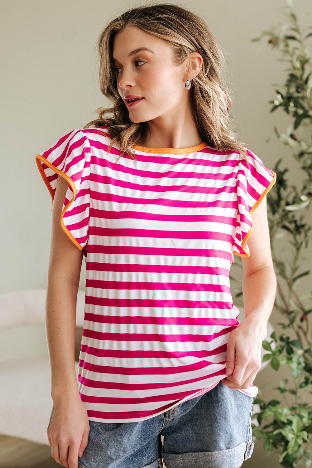 $ 5.93 - Rose Red Striped Ruffle Sleeve Crew Neck Blouse - ds.dear ...