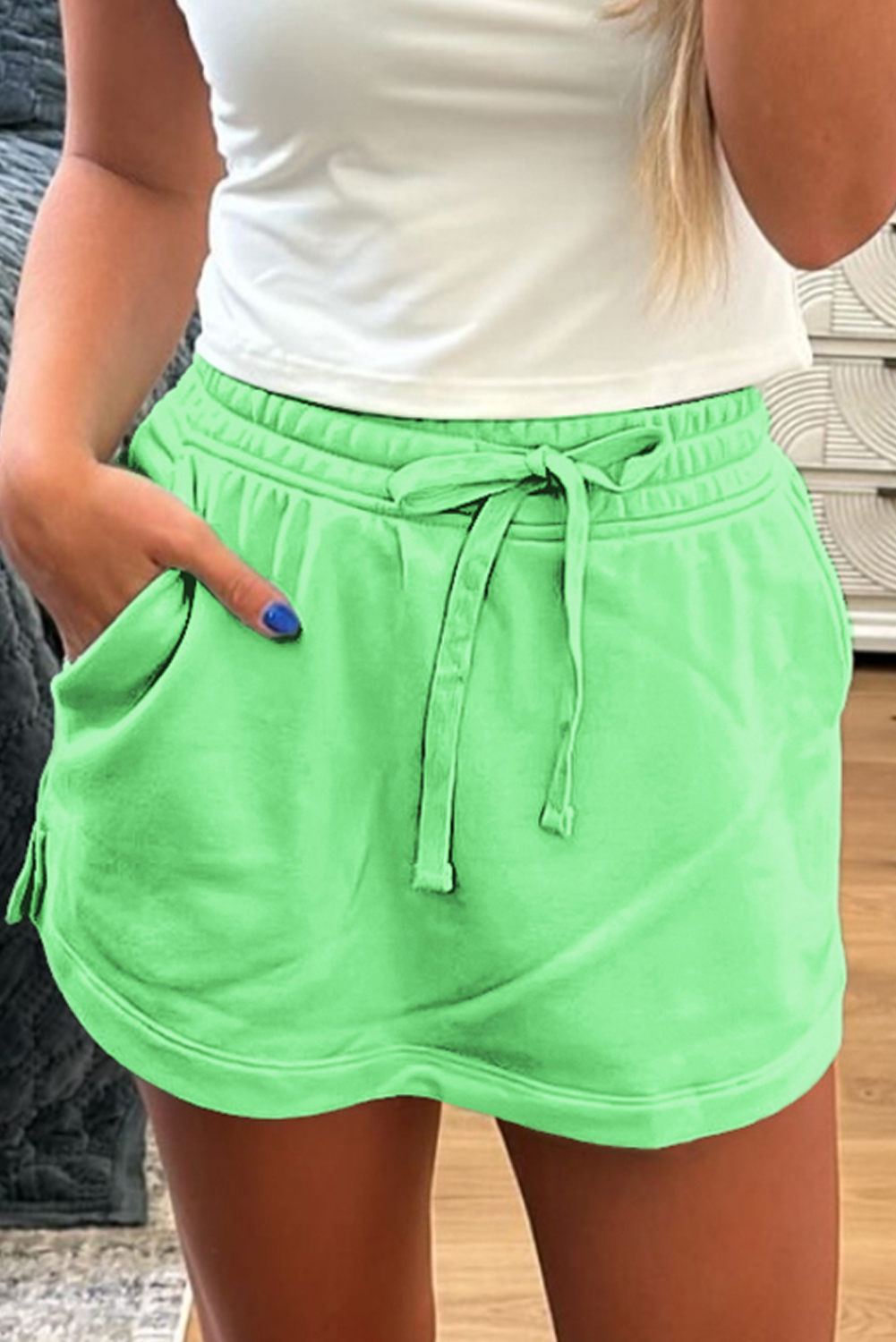 $ 10.65 - Light Green French Terry Drawstring Elastic Waistband Mini ...