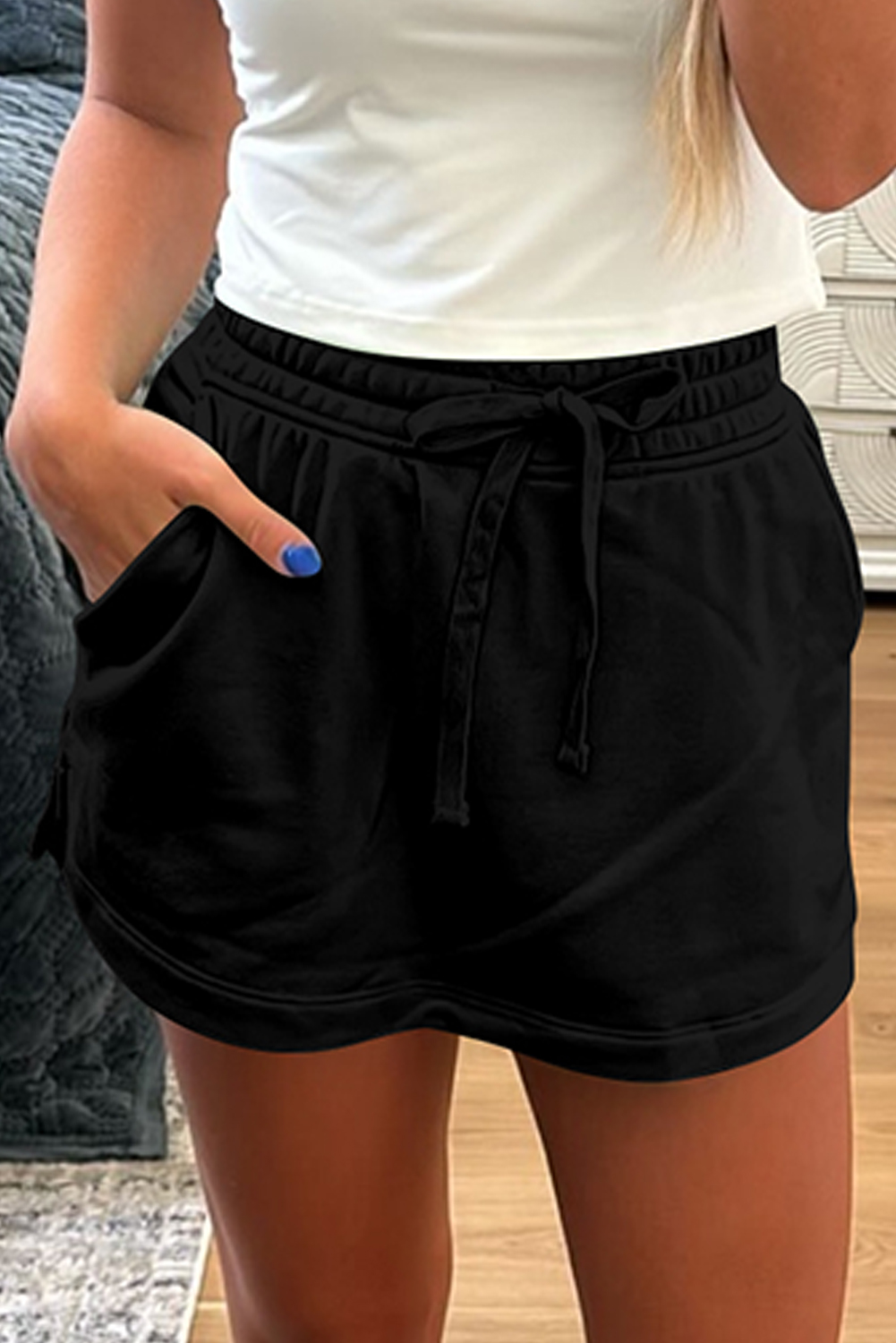 $ 10.65 - Black French Terry Drawstring Elastic Waistband Mini Skort ...