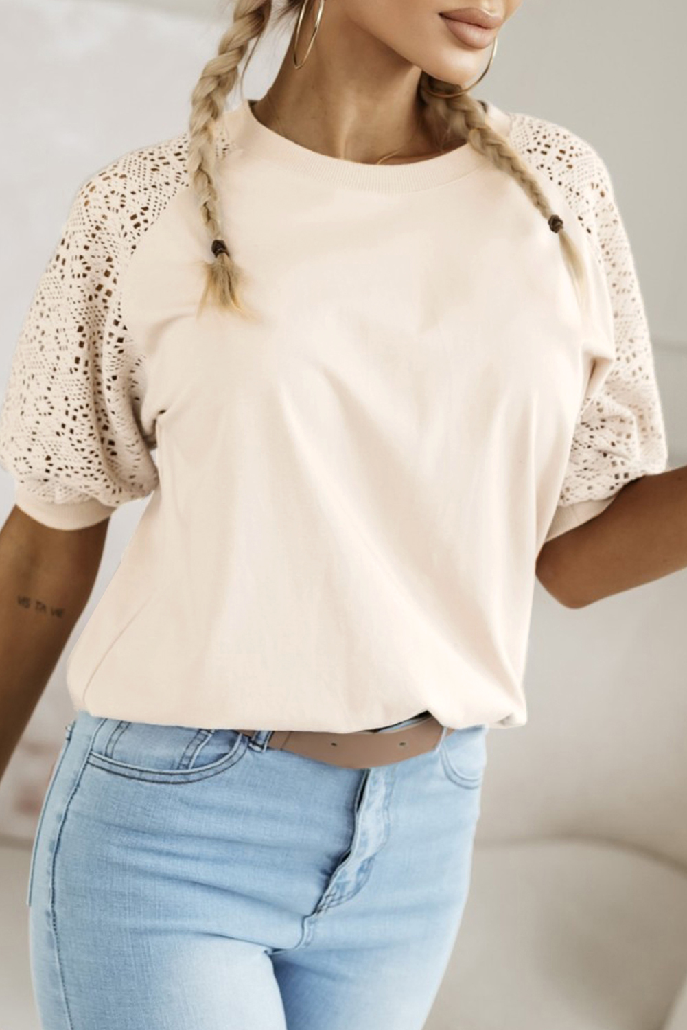 $ 7.43 - Jet Stream Lace Crochet Short Sleeve Round Neck T Shirt - ds ...