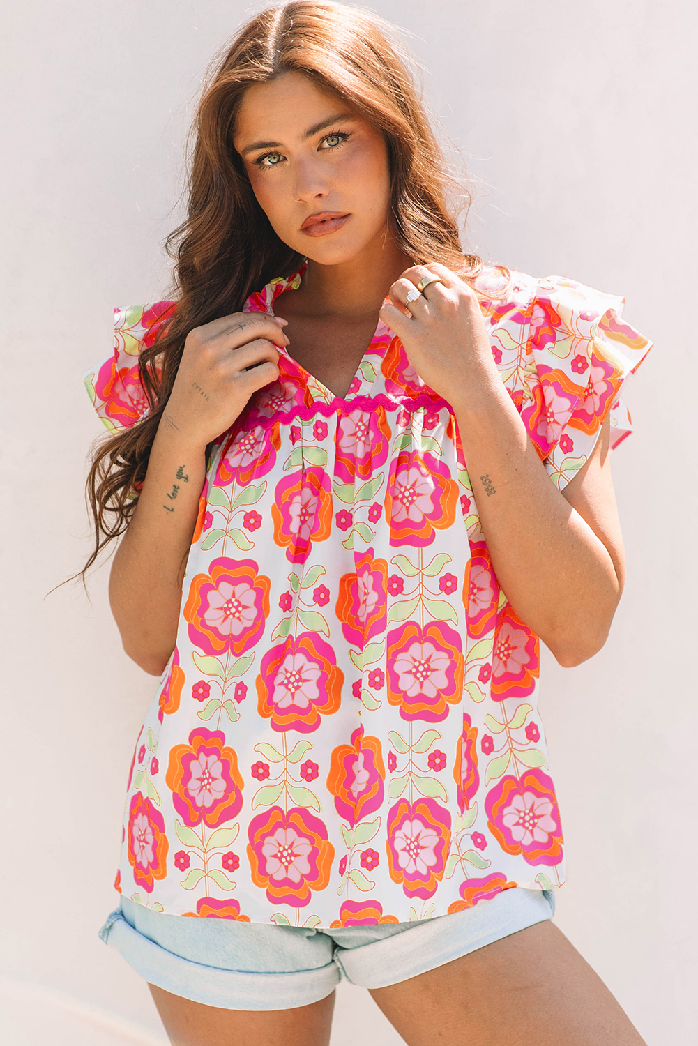 $ 9.08 - Rose Floral Ruffled Sleeve Ric-rac Trim Split Neck Loose ...