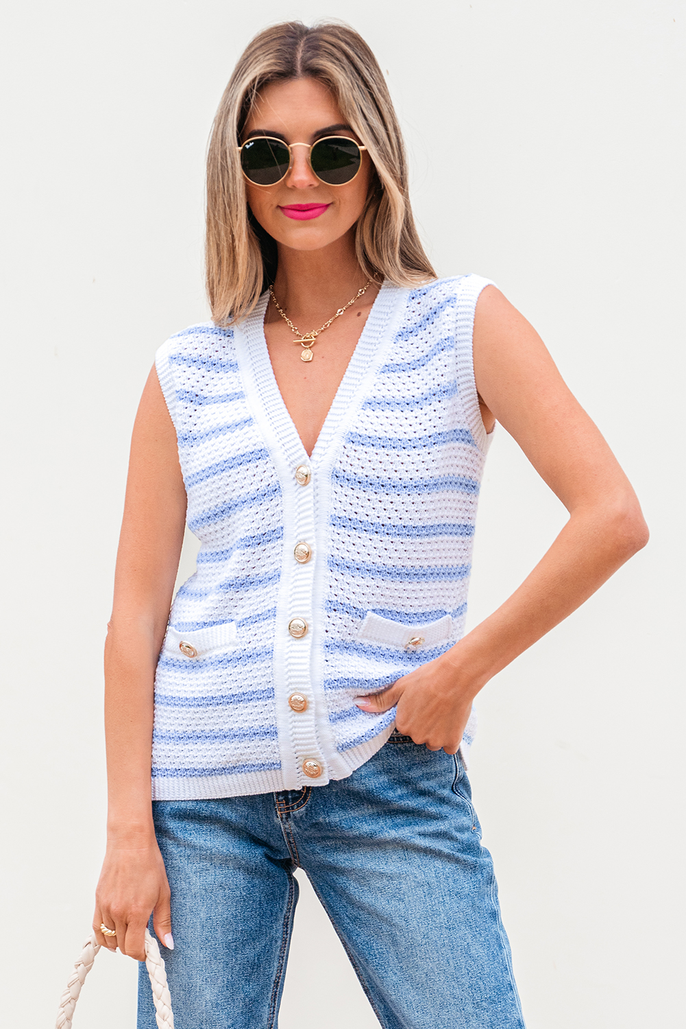$ 13.13 - Sky Blue Stripe V Neck Gold Buttons Elegant Sweater Vest - ds.dear-lover.com