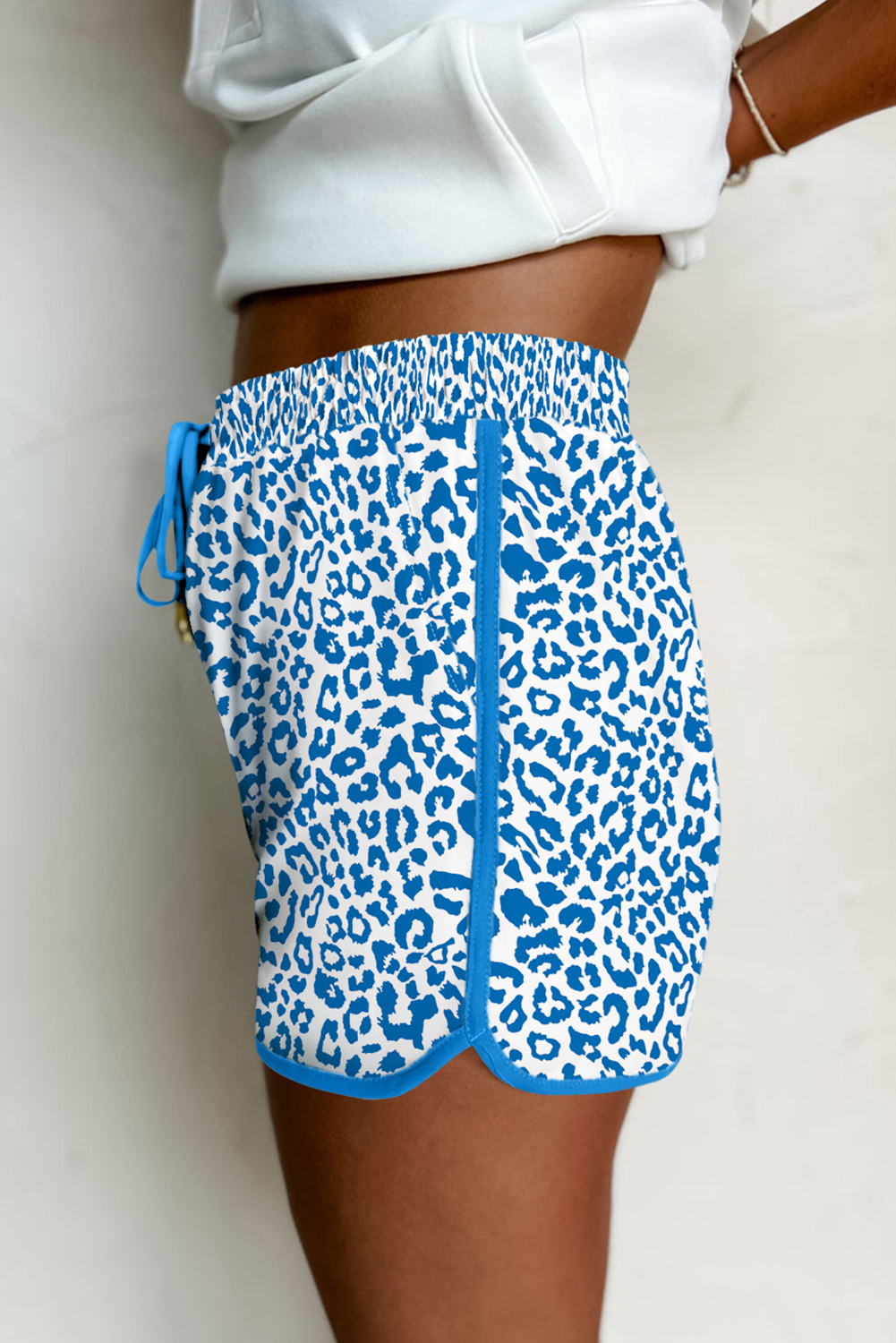 $ 6.75 - Blue Leopard Elastic Waistband Lace up Contrast Trim Casual ...