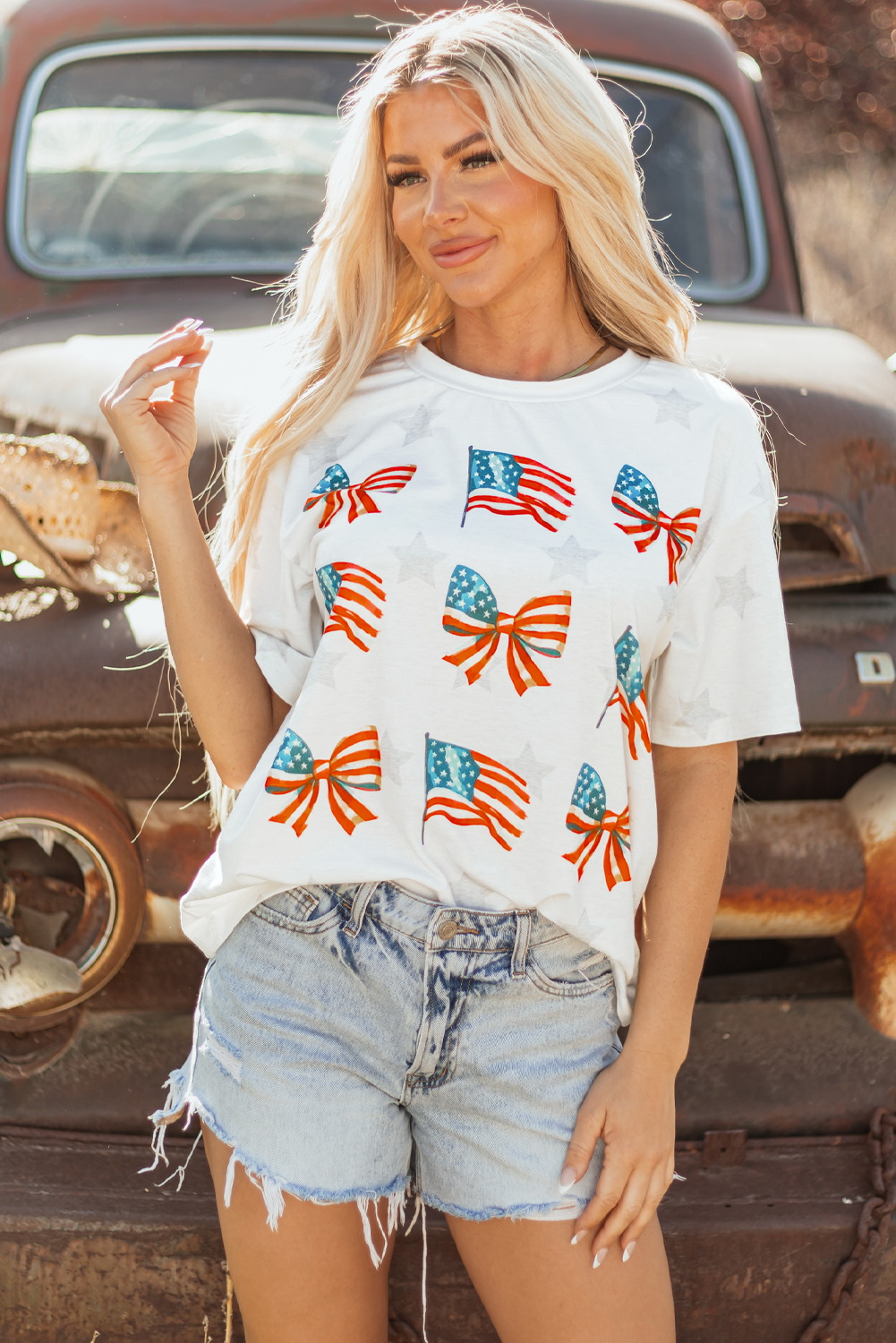 $ 6 - Khaki Patriotic Flag Bow Graphic Starry Round Neck T Shirt - ds ...
