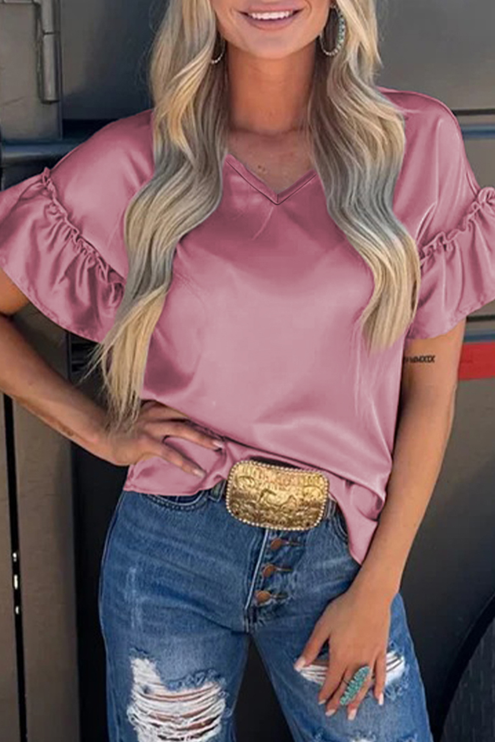 $ 6.98 - Toadstool Satin Ruffle Sleeve Top - ds.dear-lover.com