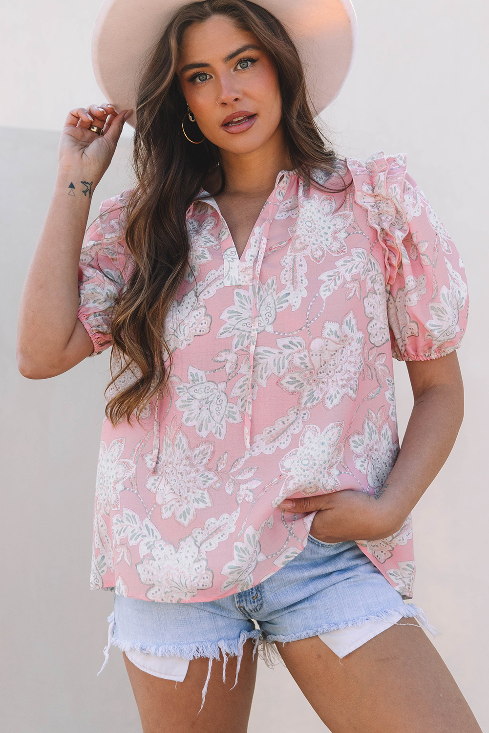$ 10.43 - Pink Floral Print Drawstring V Neck Puff Sleeve Loose Blouse ...