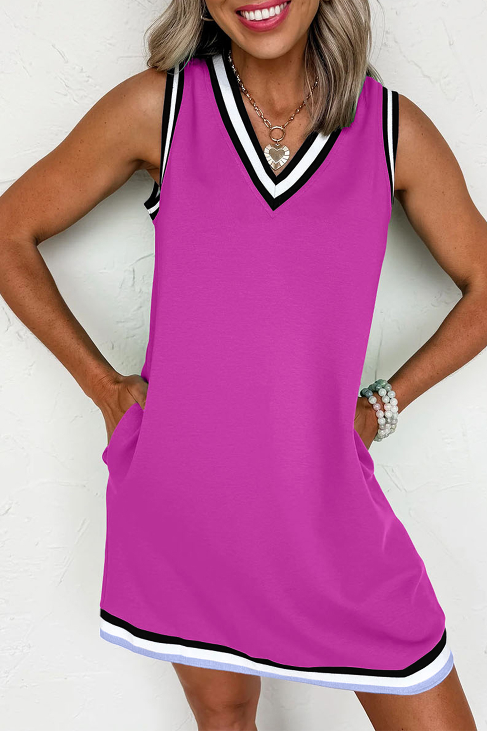 $ 11.47 - Purple Orchid Color Contrast Trim V Neck Shift Sleeveless ...