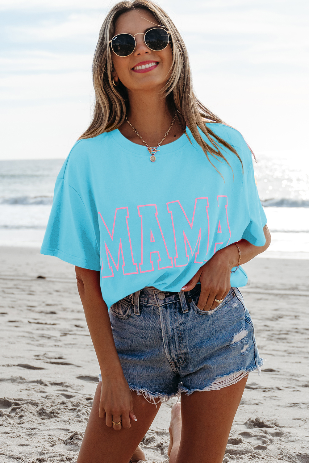 $ 6.38 - Light Blue MAMA Letter Graphic Neon T Shirt - ds.dear-lover.com