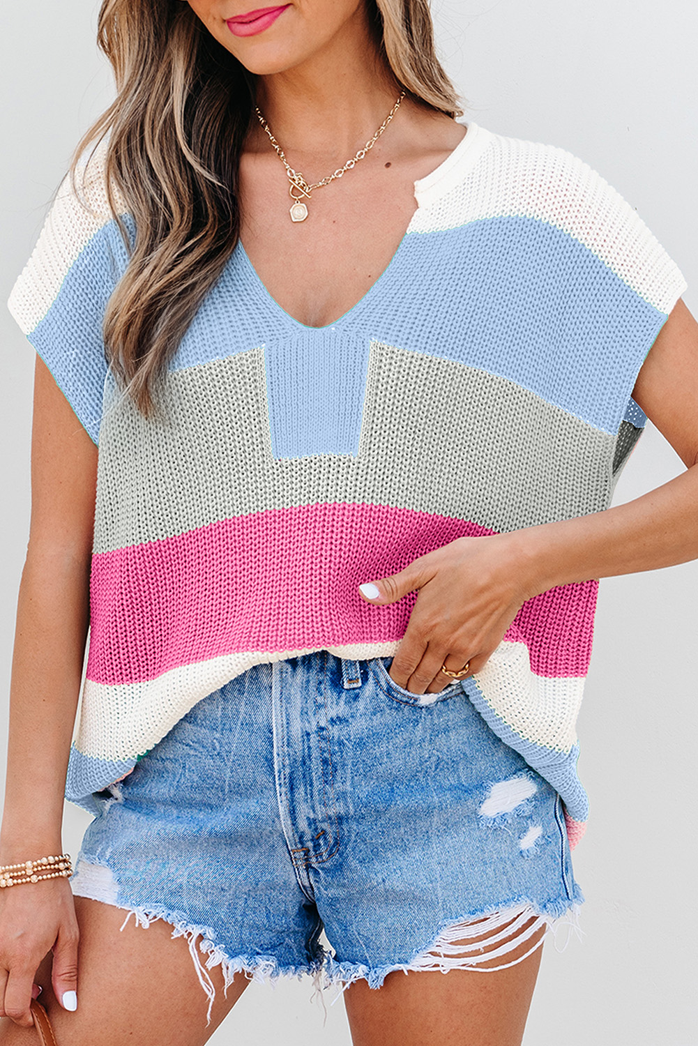 $ 10.05 - Light Blue Color Block Notch V Neck Sweater T Shirt - ds.dear ...