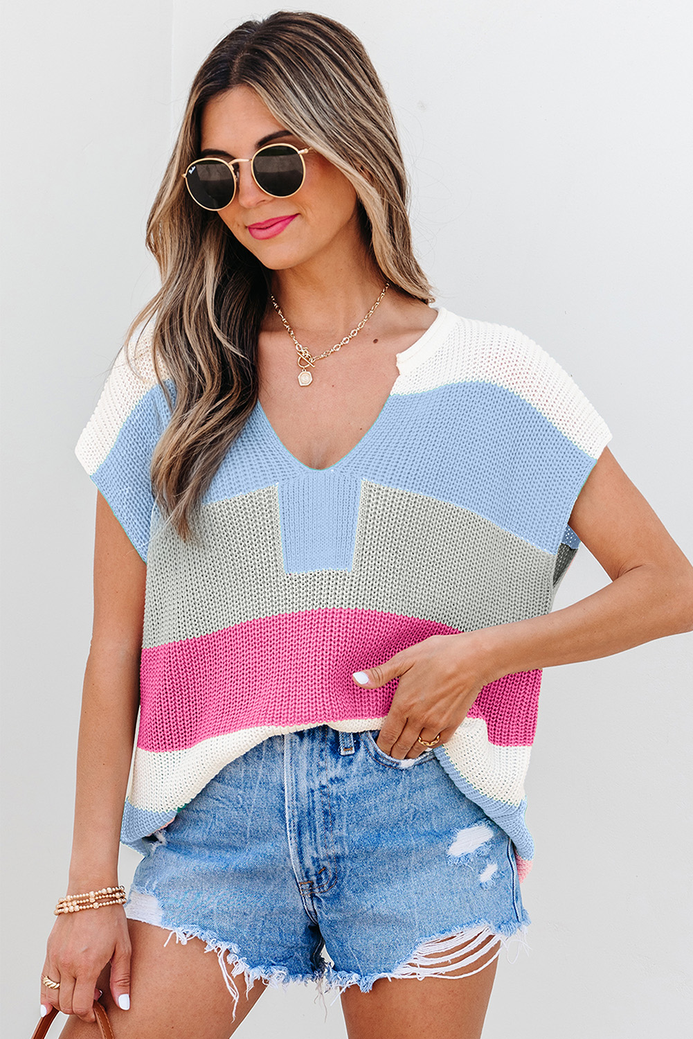 $ 10.05 - Light Blue Color Block Notch V Neck Sweater T Shirt - ds.dear ...