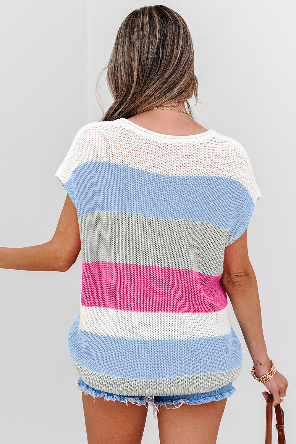 $ 10.05 - Light Blue Color Block Notch V Neck Sweater T Shirt - ds.dear ...