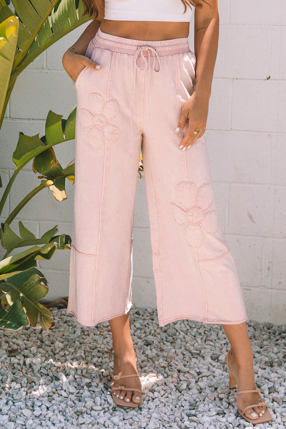 $ 22.52 - Pink Flower Patch Mineral Washed Terry Knit Cropped Wide Leg ...