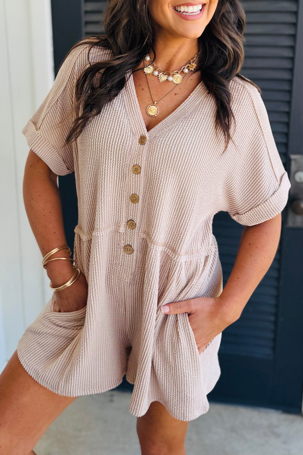 $ 14.93 - Parchment Spiral Ribbed Short Sleeve V Neck Buttoned Romper ...