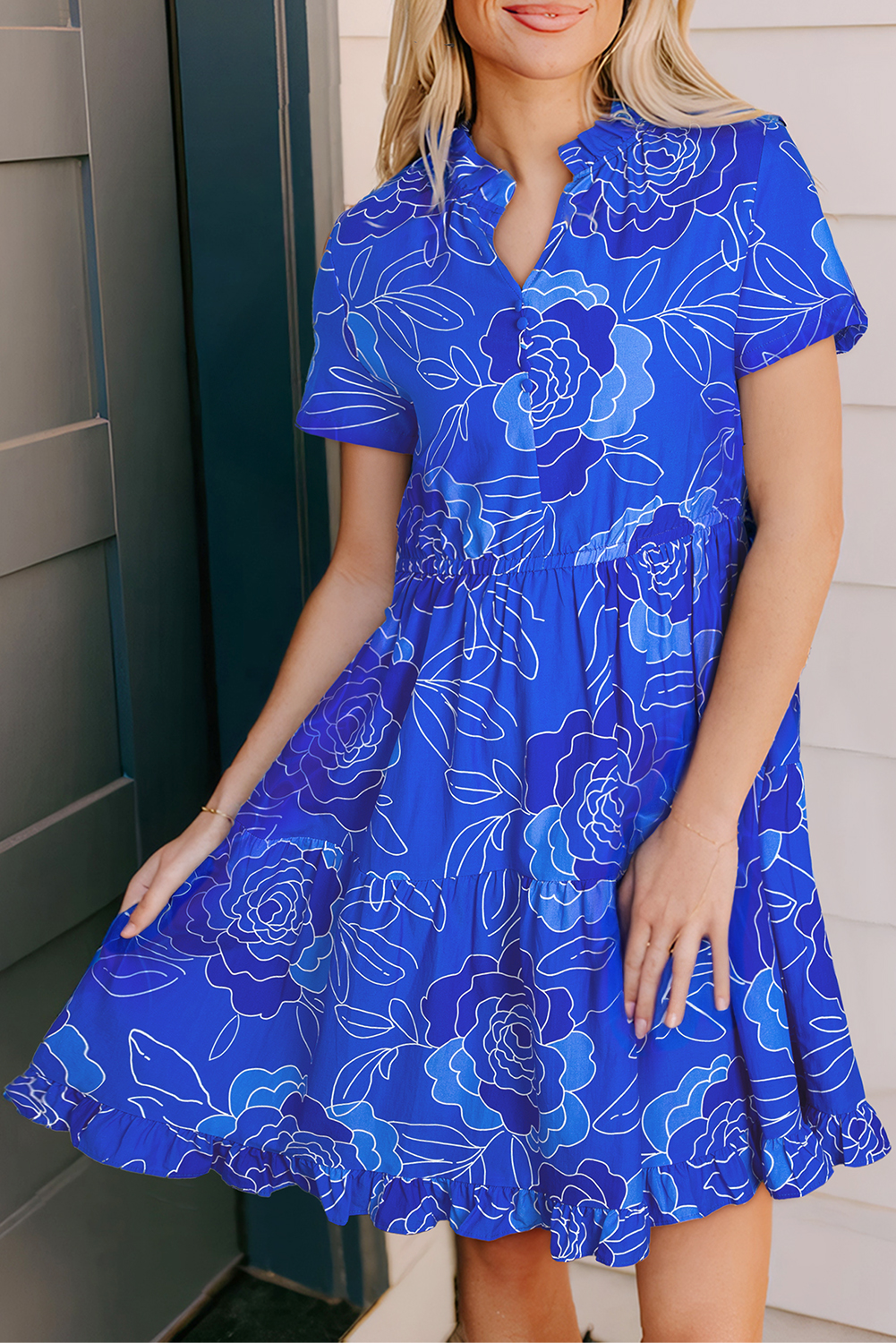 $ 15.75 - Blue Floral Ruffled Hem V Neck Short Sleeve Flowy Mini Dress ...