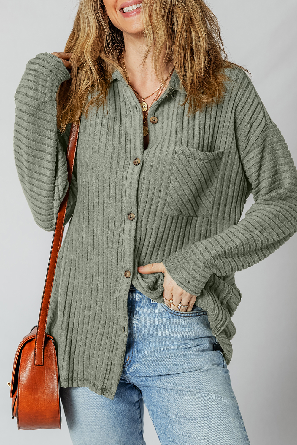 $ 13.61 - Mist Green Thermal Ribbed Texture Drop Shoulder Button Up ...