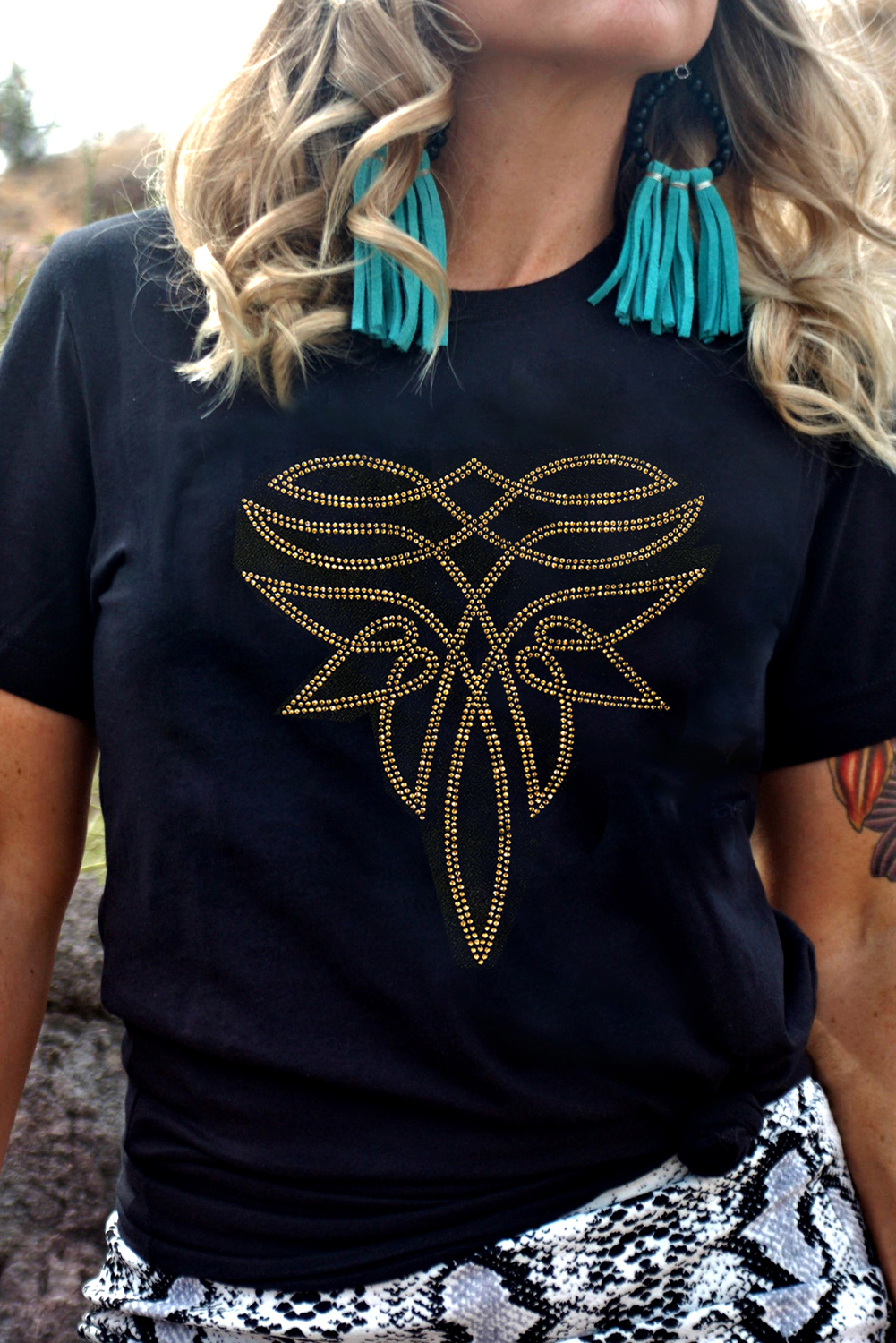 $ 9.15 - Black Rhinestone Western Pattern Cotton Blend Graphic T Shirt ...