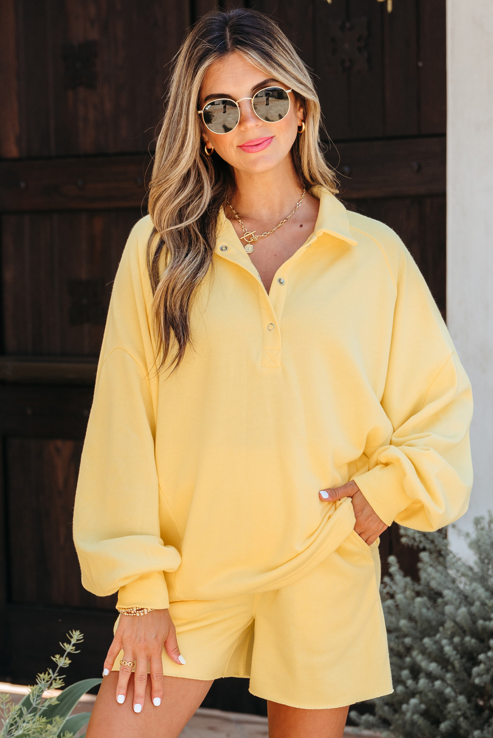 $ 19.61 - Yellow Cream Button Collar Drop Shoulder Pullover and Shorts ...