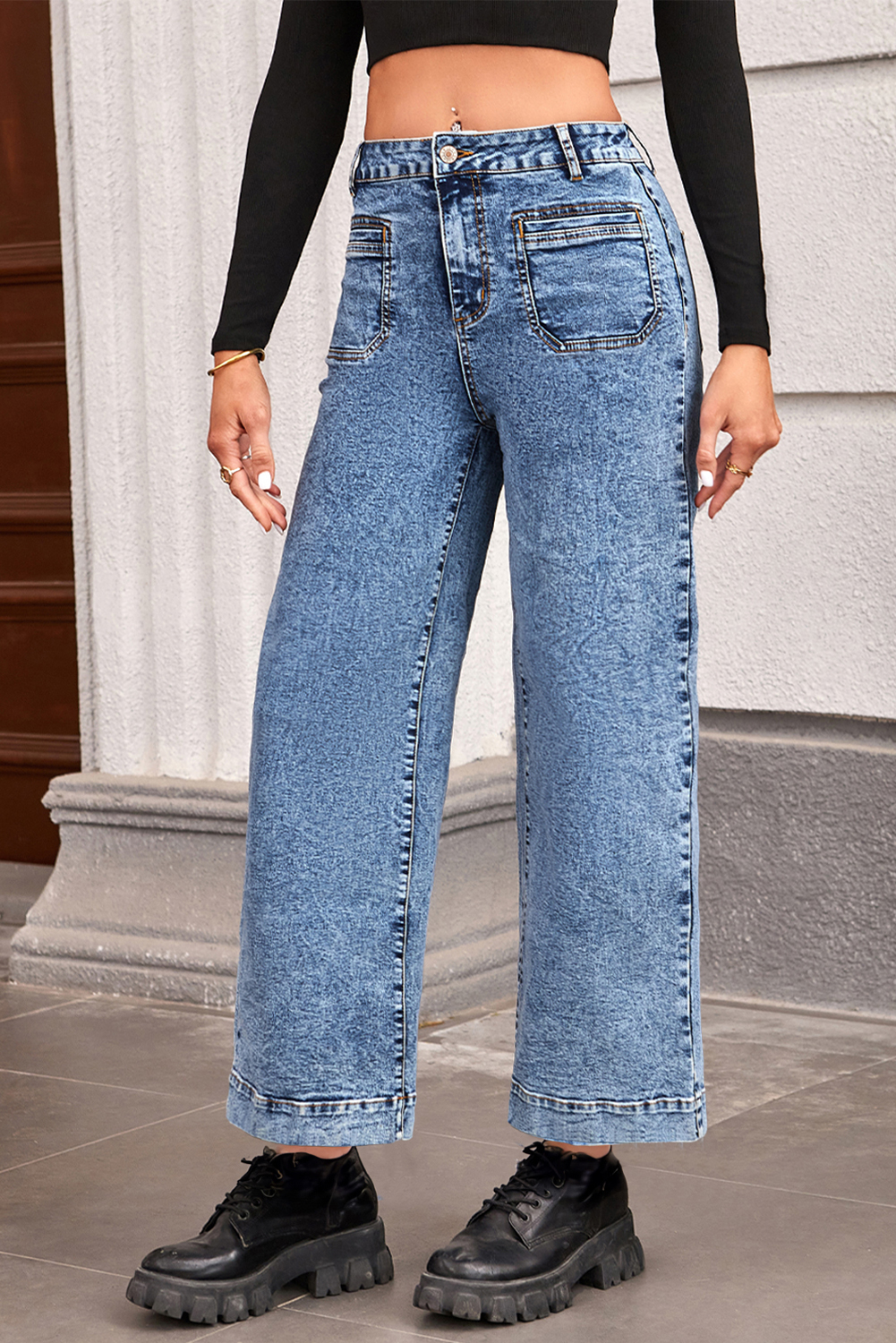 $ 18.53 - Blue Chic Patch Pocket Straight Leg Loose Jeans - ds.dear ...
