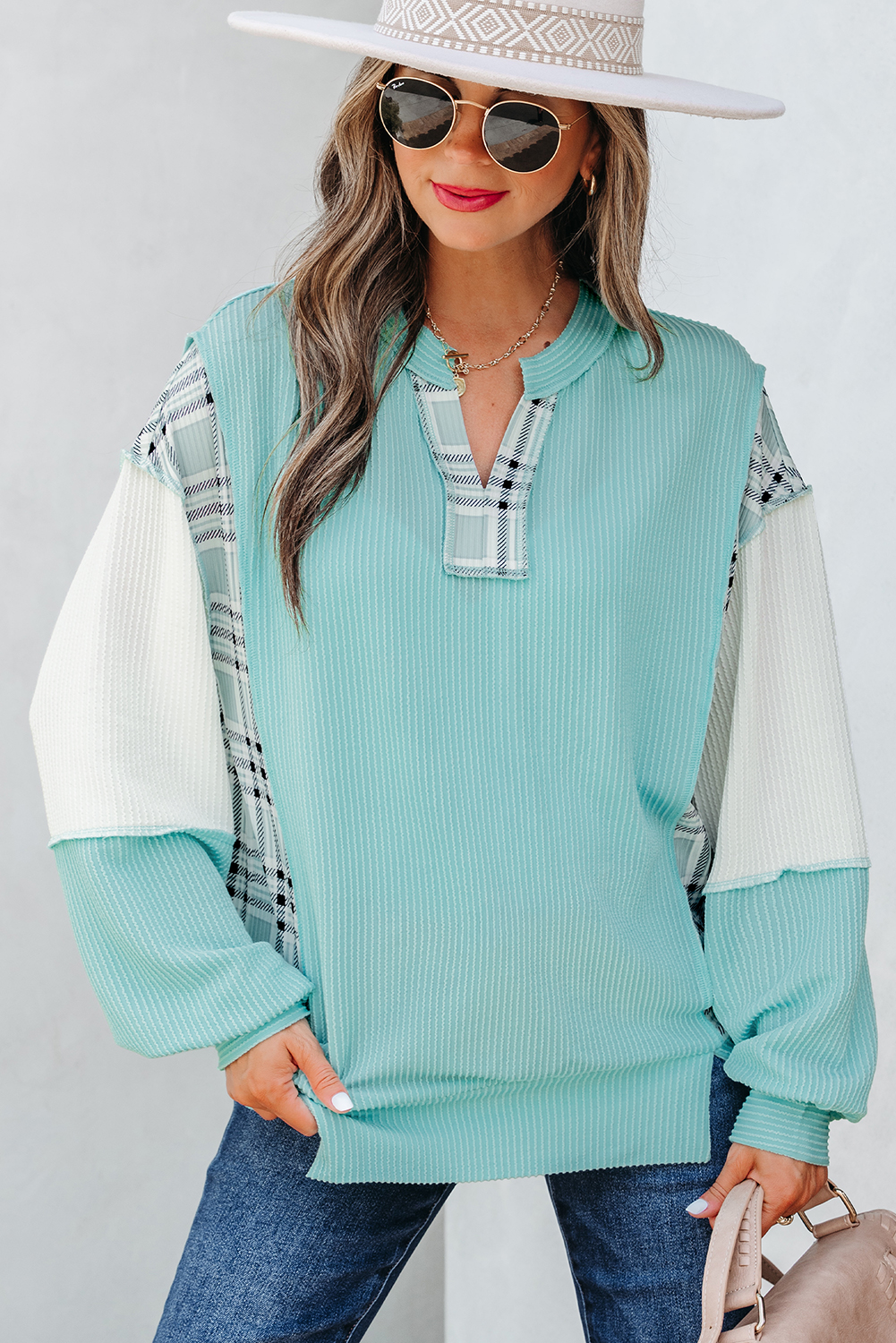 $ 11.39 - Aruba Blue Corded Texture Colorblock Patchwork Split Neck ...