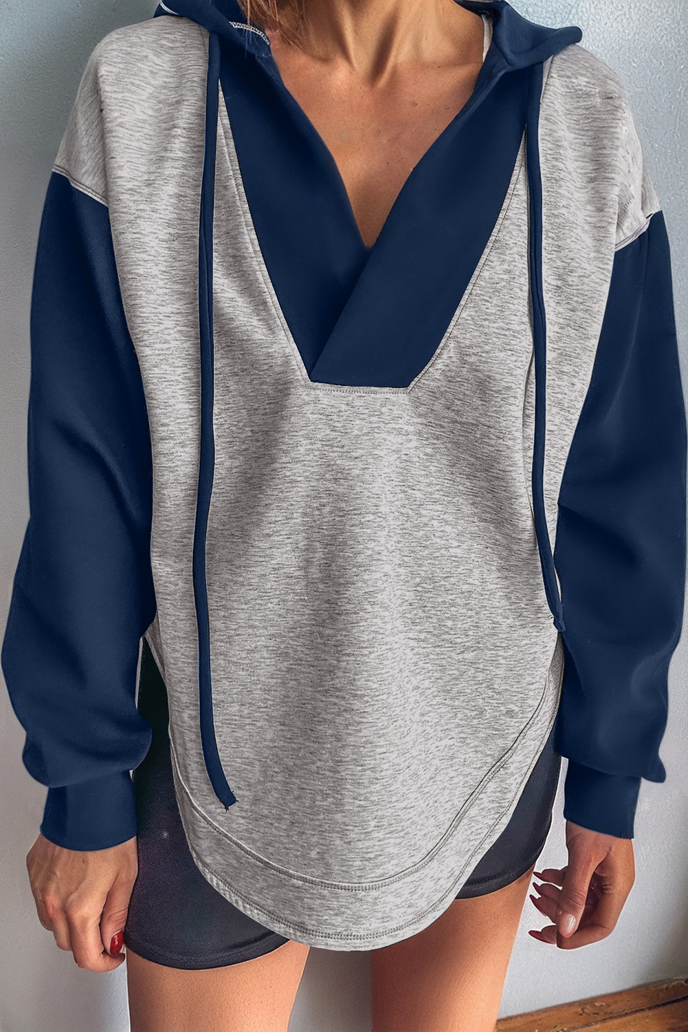 $ 16.52 - Light Grey Color Block Patchwork V Neck Drawstring Hoodie ...